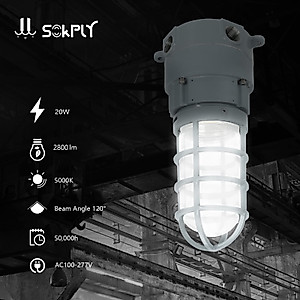 Sokply LED Explosion Vapor Proof Light UL844 Certified 20W 2800LM Dimmable (80W HPS Eqv.), Class I Division II Hazardous Locations Industry Luminaires AC100-277V IP66 Waterproof, O Series
