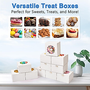 Shallive 4-Inch Small Cookie Boxes 50 Pcs White - Bakery Treat Boxes with Window for Gifting, To-go Containers for Cake Slice, Macarons, Donuts 4x4x2.5
