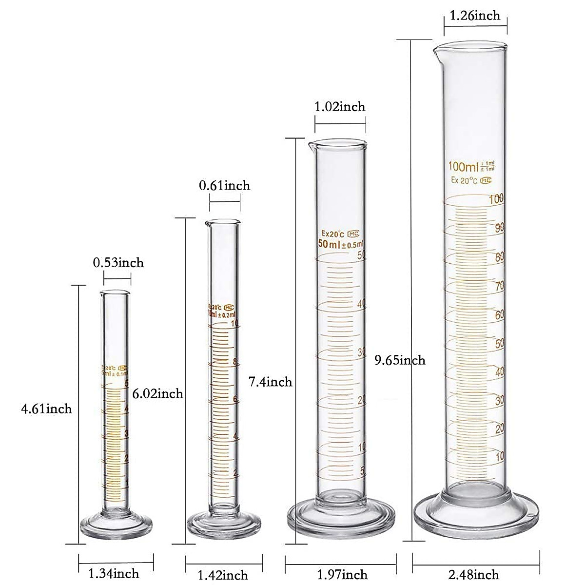 Glass Flask Erlenmeyer Flask Set Narrow Mouth 2000ml Glass Graduated Cylinder Set Thick Measuring Cylinders 5ml 10 ml 50ml 100ml with 2 Glass Stirring Rod and 1 Brush