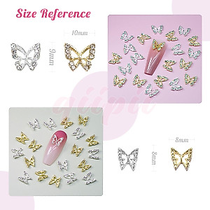 Butterfly Nail Charms, 60pcs 3D Golden Silver Butterfly Charms for Acrylic Nails, 20 Butterflies Nail Rhinestones Gems Charms +40 Alloy Studs, Nail Art Crystals Diamonds Decor Supplies for Nails DIY