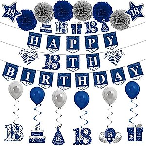 Blue Silver 18th Birthday Banner Decorations Kit for Boys, 26pcs Eighteen Birthday Banner Party Supplies, 18 Years Old Birthday Brackdrop Decor