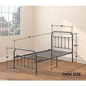 AMBEE21 CastleBeds Vintage Twin Size Silver Iron Bed Frame with Headboard Footboard Wrought Rod Art Heavy Duty Steel Metal Platform Foundation Farmhouse Industrial Victorian Style 600 lbs Capacity