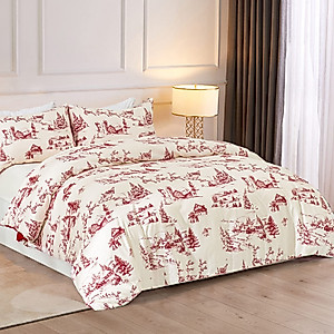 Yiran Red Christmas Duvet Cover Set with 2 Pillowcases,Cream Pink Christmas Deer Snowman Village Duvet Cover with Zipper Closure,Soft Microfiber Bedding Set Queen 90”×90”