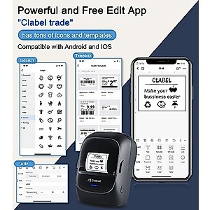CLABEL Barcode Label Printer, 221B Bluetooth Thermal Label Maker Printer for Addresses, Business, Clothing, Labeling, Mailing, Compatible with Android & iOS System, with 1 Roll Label