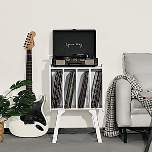 LELELINKY Small Record Player Stand - Width 11.7 In, White Vinyl Record Storage Table with 4 Cabinet Up to 80 Albums, Vinyl Holder with Wood Legs,Turntable Stand Display Shelf for Bedroom Living Room