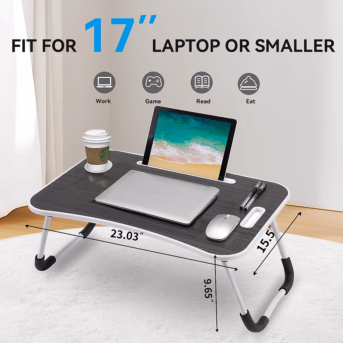 BUYIFY Folding Lap Desk, 23.6 Inch Portable Wood Black Laptop Bed Desk Lap Desk with Cup Holder, for Working Reading Writing, Eating, Watching Movies for Bed Sofa Couch Floor