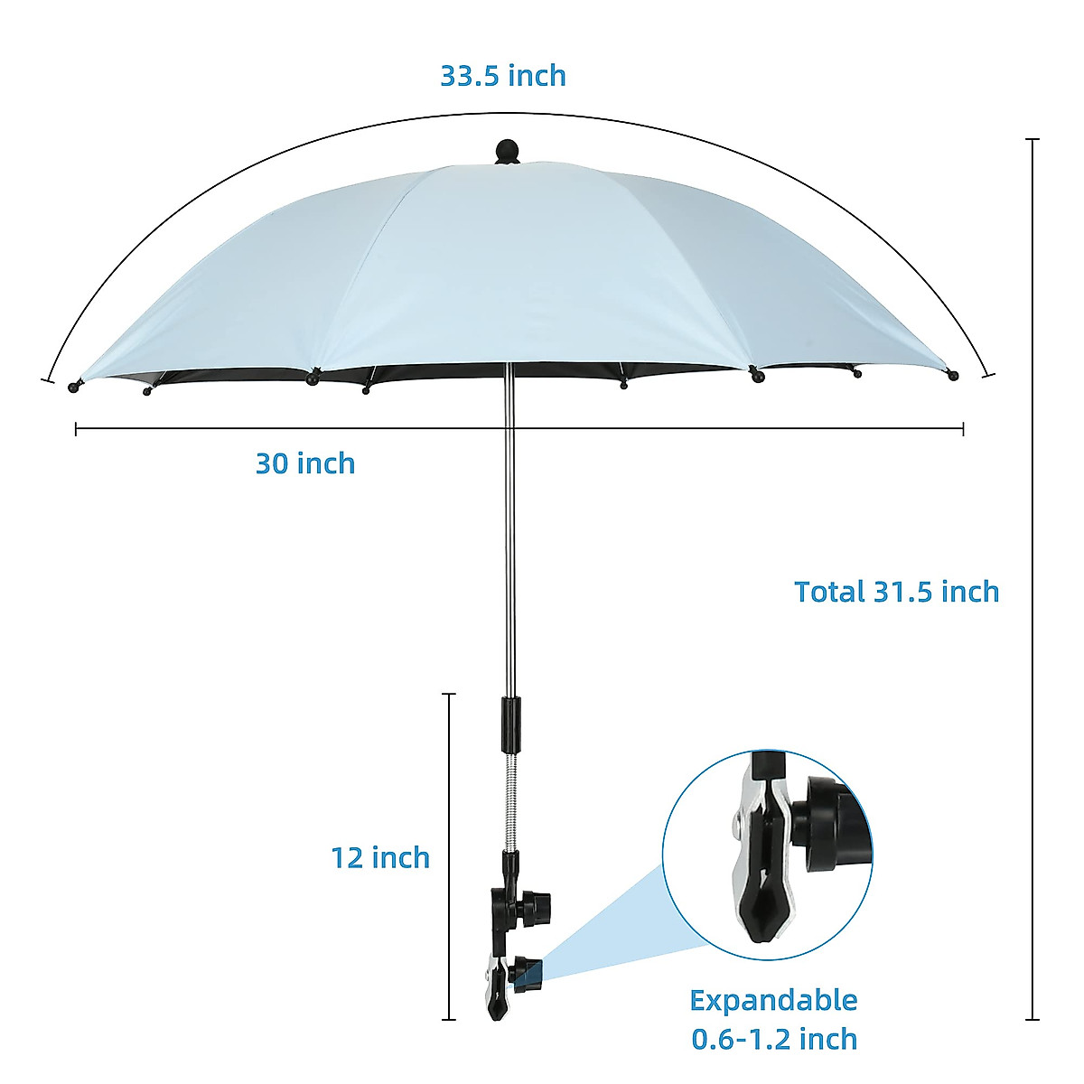 Baby Strollers Umbrella with Adjustable Clamp,Children Buggy Sun-Proof Parasol with Clip On UPF 50+ Great for Pushchair Pram (Blue)