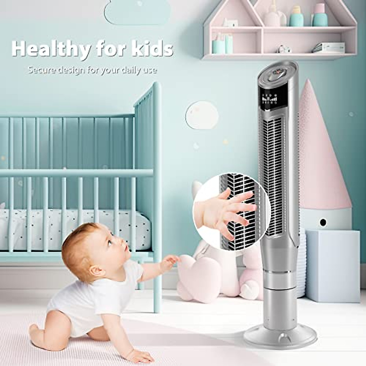 Antarctic Star Tower Fan Oscillating Fan Quiet Cooling Remote Control Powerful Standing 3 Wind Modes Bladeless Floor Fans Portable Bladeless Height Adjust, 8 Wind Speed Bedroom Office 47-Inch Silver