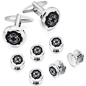 HAWSON Black Cufflinks Tuxedo Studs Set for Men - 2 Pcs Cufflinks with 6 Pieces Studs in Gift Box