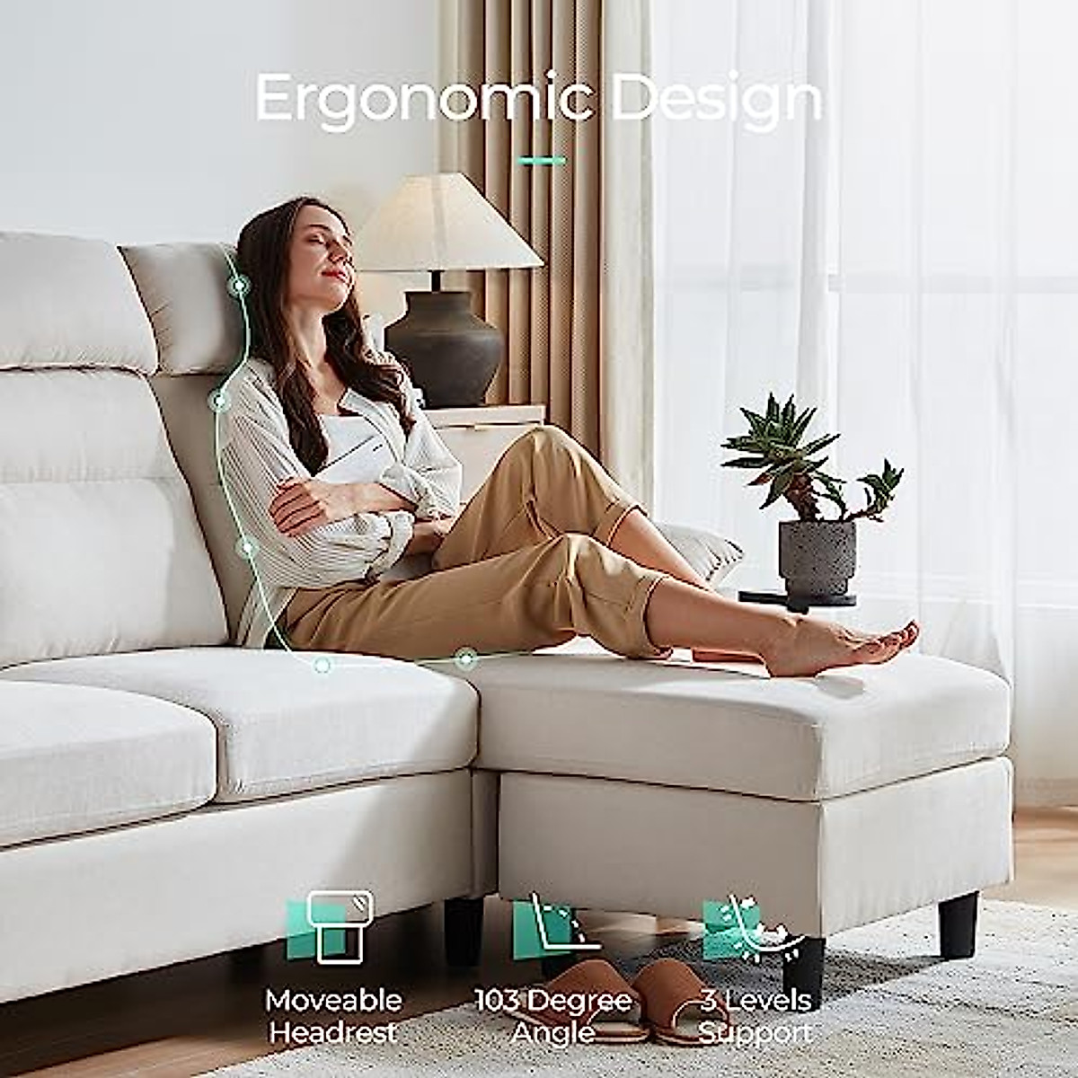 LINSY HOME Sectional Sofa, High Back Sectional Couch with Ottoman, 2 USB and Storage Bags, L Shaped Sofa with Extra Headrests, Small Sectional Sofa Set for Living Room, Apartment, Beige