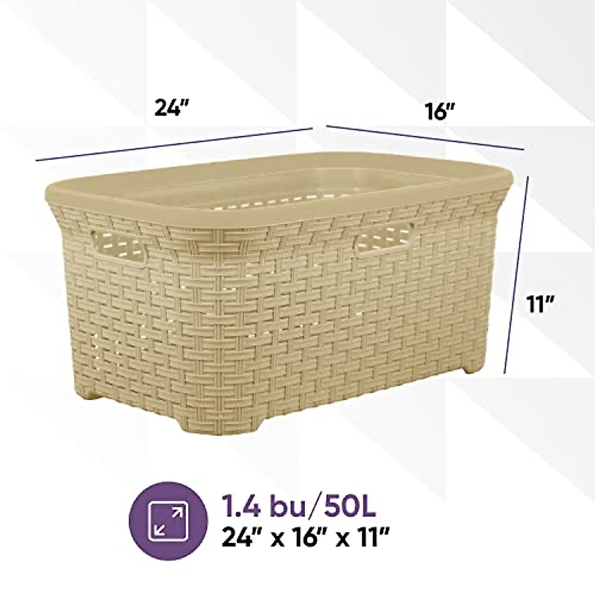 Superio Laundry Basket Plastic Storage Hamper Basket, Beige Cloths Basket Organizer with Cut-Out Handles. Space Saving for Laundry Room Bedroom Bathroom, Wicker Design 50 Liter (2 Pack)