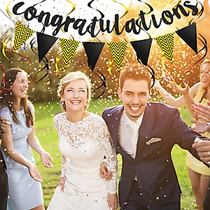 Glitter Congratulations Banner Triangle Flag Banner with 12 Pieces Hanging Swirls for Wedding Retirement Graduation Anniversary Party Decorations (Black, Gold)