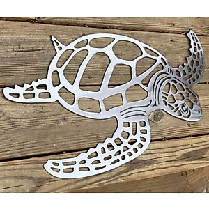 Silver Metal Turtle Silhouette Wall Art Decor, Ocean Sea Turtle Wall Hanging Decoration, Beach Theme Outdoor Wall Sculpture for Home,Garden,Living Room,Fence,Porch, Pool (L)