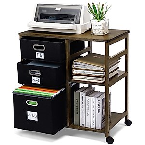 Homde 3 Drawer Bamboo File Cabinet Whit Wheel,Mobile Office Lateral File Cabinets,File Folders for Filing Cabinet,Printer Stand with Open Storage Shelf fits A4 Letter Size for Home Office,Brown