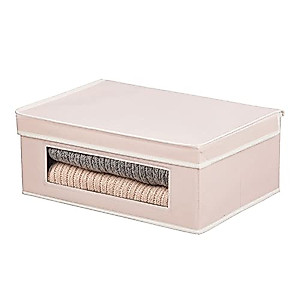 mDesign Fabric Stackable Slim Shelf Storage Organizer Box with Window/Attached Lid for Organizing Bedroom Closet - Holds Purses, Linens, Accessories - Jane Collection - 6 Pack, Pink/White