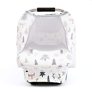 Stretchy Baby Car Seat Covers for Boys Girls, Infant Car Canopy for Spring Autumn Winter, Snug Warm Breathable, Zipped Window,Universal Fit,Forest Fox