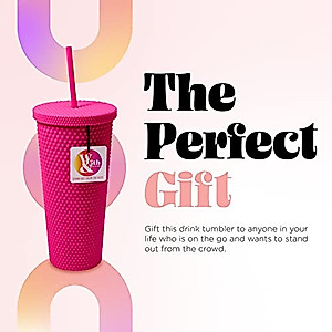 Matte Studded Tumbler with Lid & Straw, Reusable BPA Free Plastic Water Bottle, Travel Friendly Water/Iced Coffee/Cold Brew/Smoothie Textured Cold Cup, 24oz (Fuchsia)