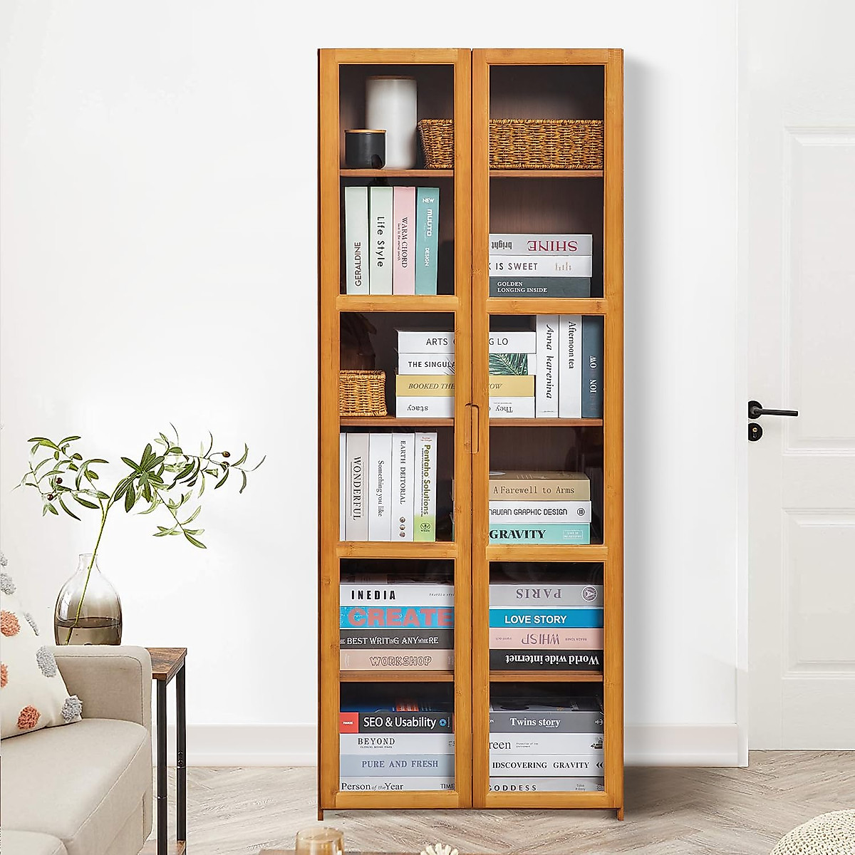 Magshion Bamboo 6-Tier Shelf Living Room Storage Tall Bookcase Cabinet with Clear Doors, Brown 23.5" L x 11.9" W x 59.1" H Home Office Multipurpose Tower Media Organizer Bookshelf