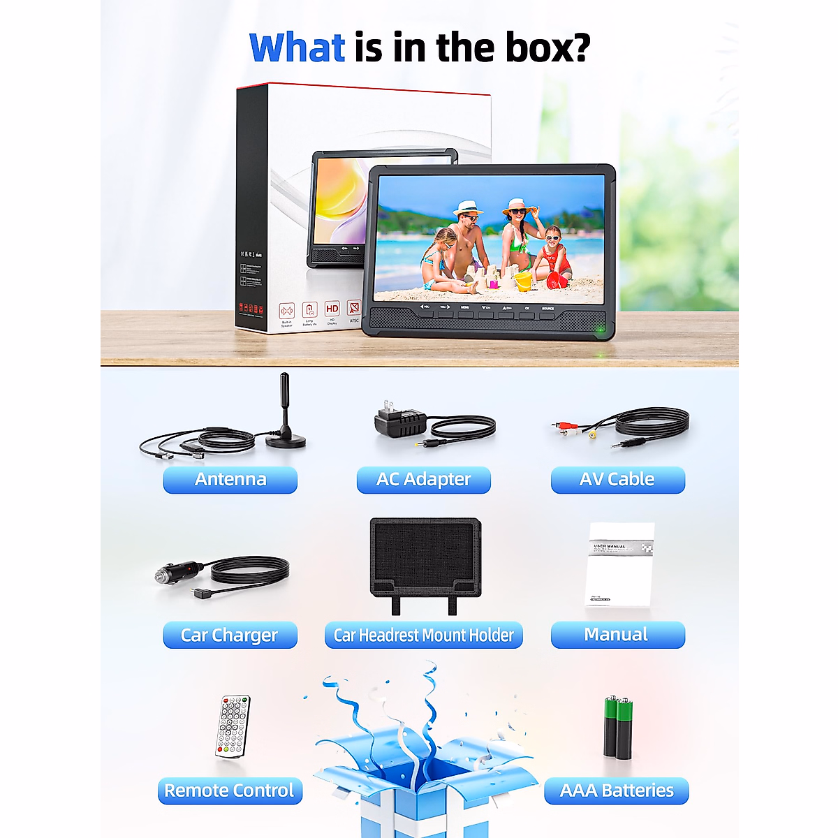 DESOBRY 11.5" Portable TV with Antenna Atsc Tune, 10.5" HD IPS Screen Rechargeable Mini TV Portable with Dual Speaker Stand, Support HDMI USB RCA Input, Small TV for Kitchen Camping Car