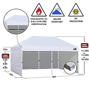 Eurmax USA 10'x20' Pop-up Canopy Tent Commercial Instant Canopies with 4 Removable Zipper End Side Walls and Roller Bag, Bonus 6 SandBags(Blue)