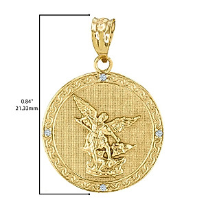 14K Yellow Gold Diamond Accented 1” Round Saint Michael The Archangel Medal Pendant Necklace (SI1-SI2 Clarity)