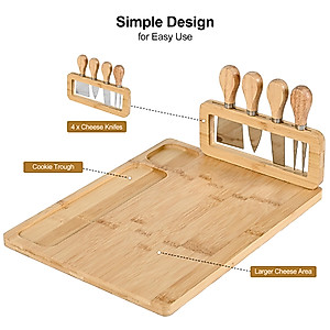 Lexda Bamboo Cheese Board and Knife Set - 14” x 11” Large Charcuterie Boards Set, Cheese Tray Platter Servers with Clasp Knife Holder, Gift for Anniversary, Housewarming, Christmas, Thanksgiving