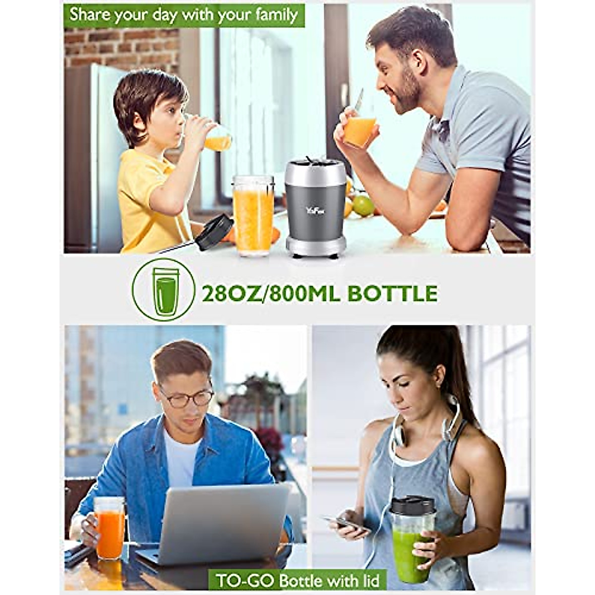 YaFex Personal Blender for Shakes and Smoothies, 700W 6-Blade Smoothie Blender for Frozen Fruit and Ice, with 1 28 Oz Travel Bottle, 1 To-Go Lid, BPA Free & Dishwasher Safe (Gray/Silver)