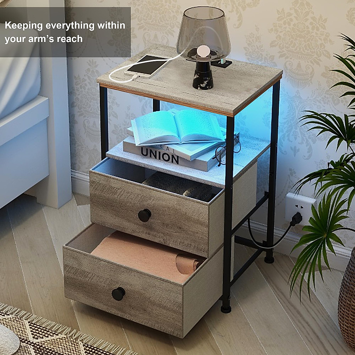 Tohomeor Nightstand with Charging Station USB Outlet and LED Light End Table Dresser with 2 Fabric Drawers Open Storage Shelf for Bedroom Living Room Sofa Beside (2, Greige)