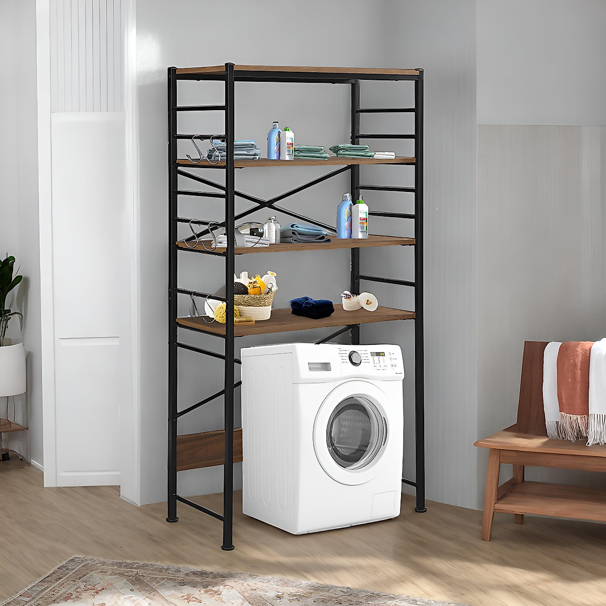 PrimeZone Over The Toilet Storage Shelf - 4 Tier Adjustable Metal Bathroom Shelves Organizer with 6 Hooks, Freestanding Above Toilet Storage Rack Waterproof Space Saver for Bathroom Laundry, Black