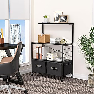 VECELO Lateral File Cabinet with 3 Shelf, 2 Drawer File-Cabinet on Brakeable Wheels, Large Printer Stand with Open Storage Shelf fits Letter Size for Home Office, Black