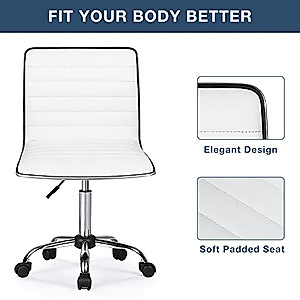 BOSSIN Adjustable Home Office Chair, Mid-Back Armless Ribbed Swivel Task Chair,Vanity Chair for Small Space, Living Room, Make-up, Studying (White)