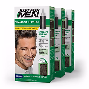 Just For Men Shampoo-In Color (Formerly Original Formula), Mens Hair Color with Keratin and Vitamin E for Stronger Hair - Medium-Dark Brown, H-40, Pack of 3