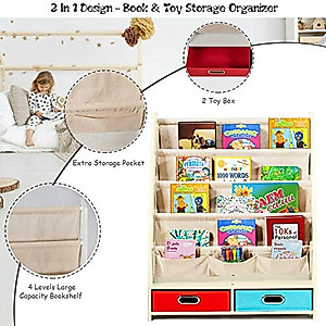 Costzon Kids Bookshelf, Wooden 4 Sling Book Shelves with 2 Pull-Out Toy Storage Boxes, Classroom Display Book Rack Organizer Furniture for Toddlers Kids Room, Nursery, Bedroom (Beige)