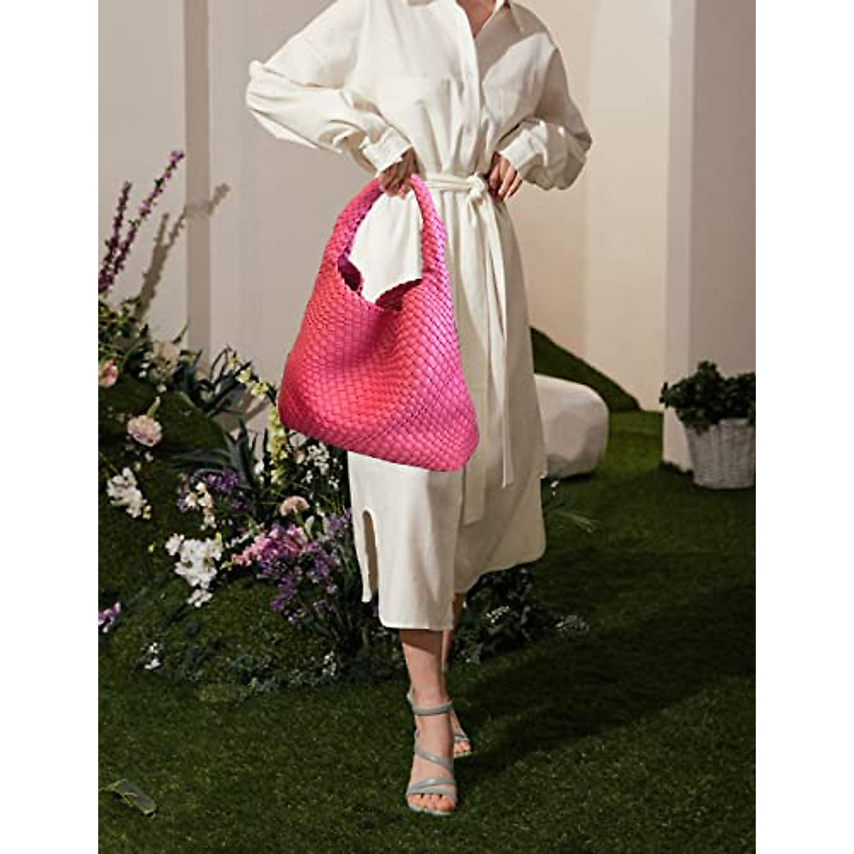 Woven Tote Handbags + Purse For Women Vegan Leather Shoulder Top-Handle Travel Shopper Bag Ladies Large Capacity Underarm Bag Rose Pink