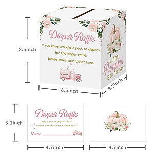 Diaper Raffle Card Box with 50 Pcs Pumpkin Diaper Raffle Tickets, Autumn Floral Pumpkin Diaper Raffle Card Box for Baby Shower Games Gender Reveal Party Invitation Insert Card Game (Pink)