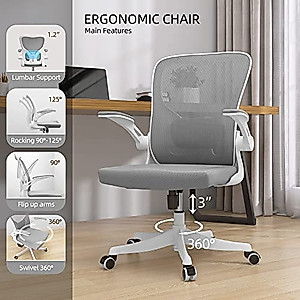 Monhey Office Chair - Ergonomic Office Chair with Lumbar Support & Flip Up Arms Home Office Desk Chairs Rockable Swivel High Back Computer Chair White Frame Grey Mesh Study Chair