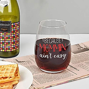 Futtumy Mom Wine Glass for Women - Because Mommin Ain't Easy Wine Glass, Stemless Wine Glass for Mom, New Mom, Pregnant Mom, Wife, Mother's Day, Birthday from Daughter, Son, Husband