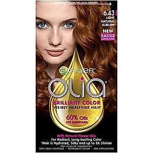 Garnier Olia Ammonia Free Permanent Hair Color, 100% Gray Coverage (Packaging May Vary), 6.43 Light Natural Auburn, Red Hair Dye, Pack of 1