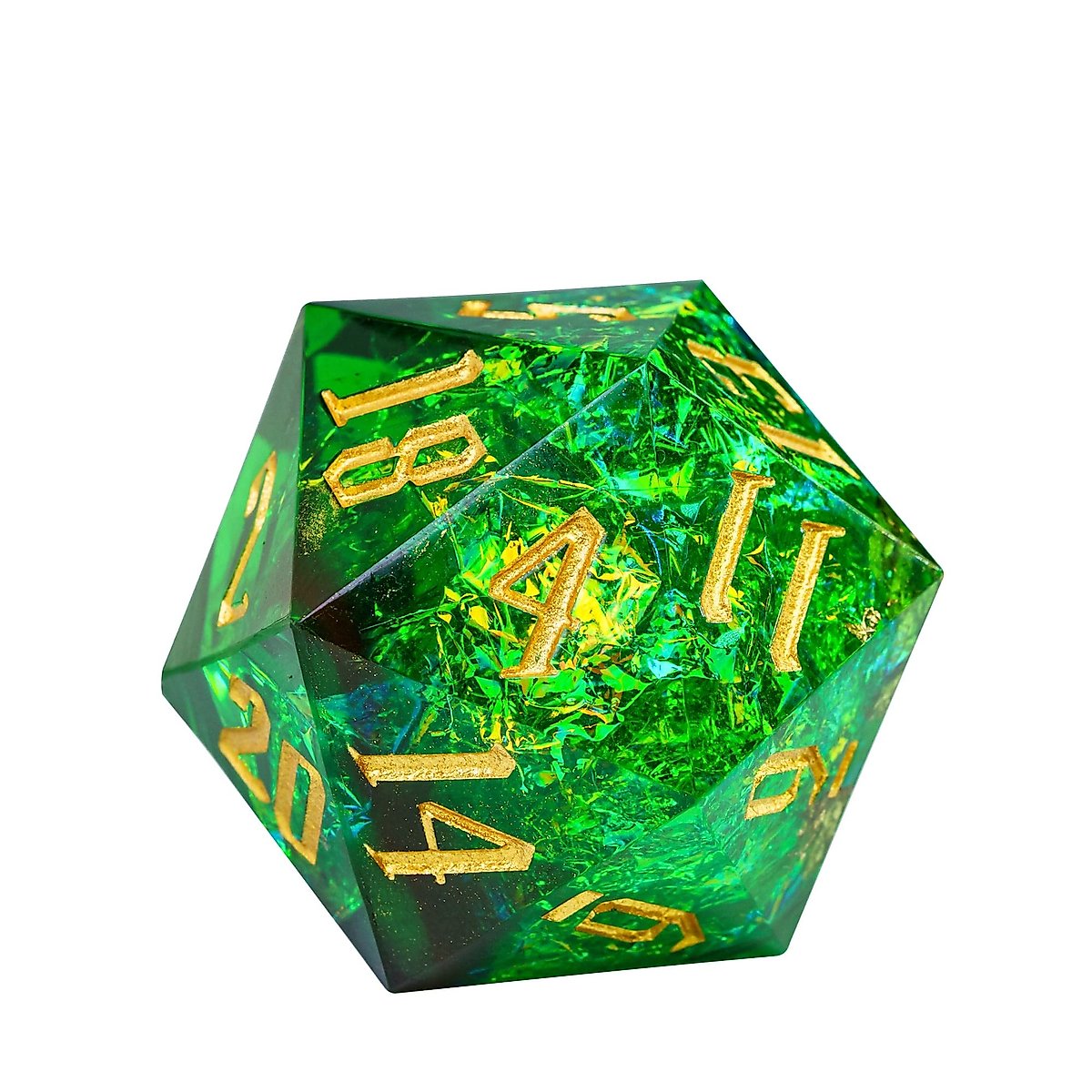 Cusdie Single D20 DND Dice with Sharp Edges and Glitter Foil Inclusions, 20 Sided D&D Dice, 33mm Handcrafted Polyhedral Dice, for Role Playing Game MTG Pathfinder (Green)