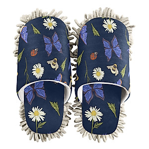 Daisies Bee Butterflies Mop Slippers Shoes Cover for Floor Cleaning Washable Hair Dirty Dust Cleaners Microfiber Mop Socks for House Kitchen Office