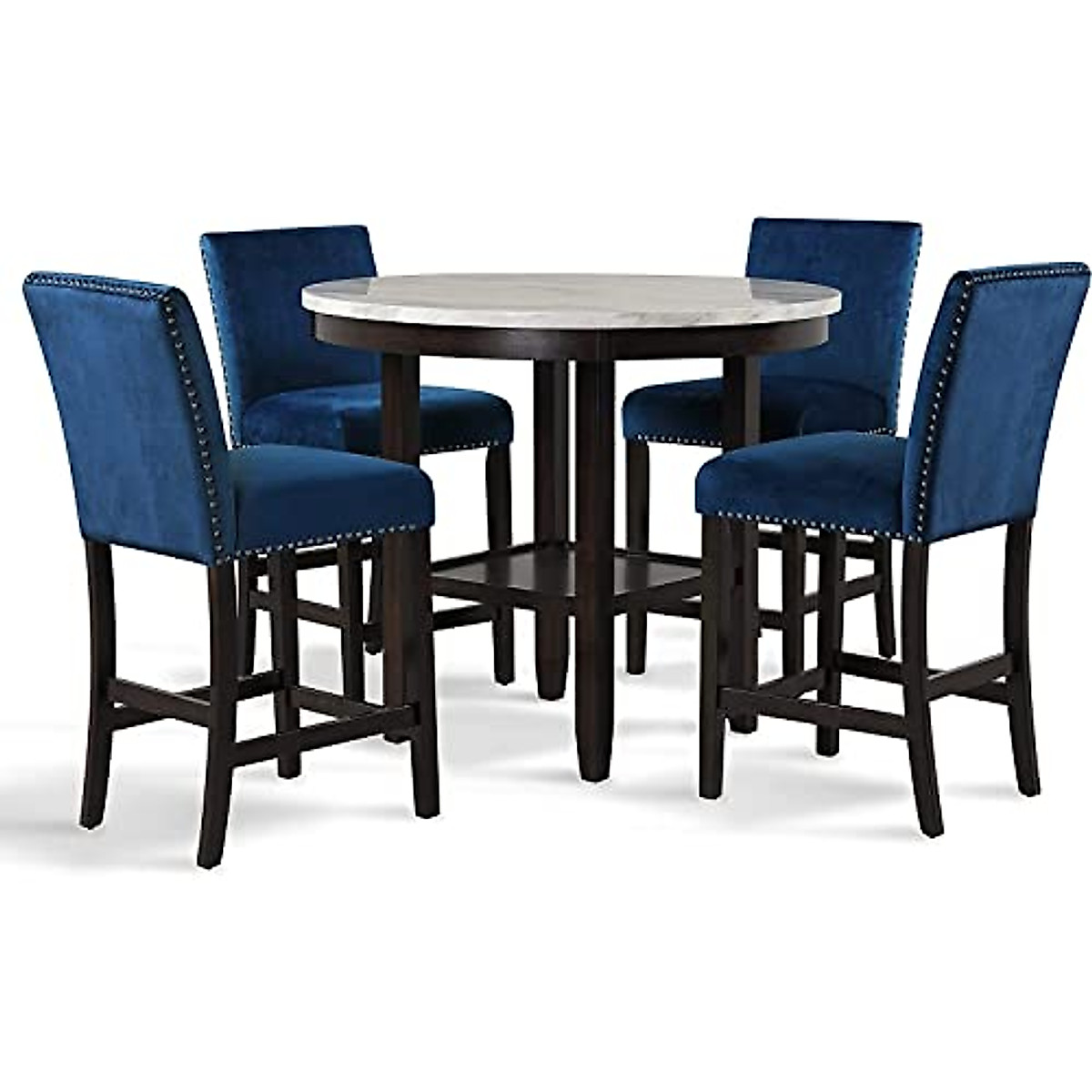 New Classic Furniture Celeste 5-Piece Faux Marble Round Counter Set with 1 Table and 4 Chairs, 42-Inch, Blue