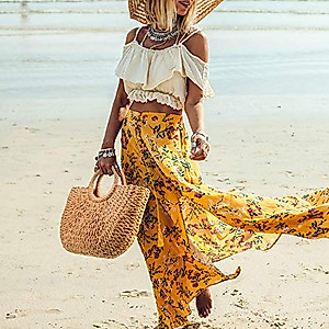 Frienda Straw Tote Bag Summer Beach Bag Handmade Straw Rattan Woven Handbag for Women Travel (Khaki, 12.6 x 7.87 x 8.66 Inch)