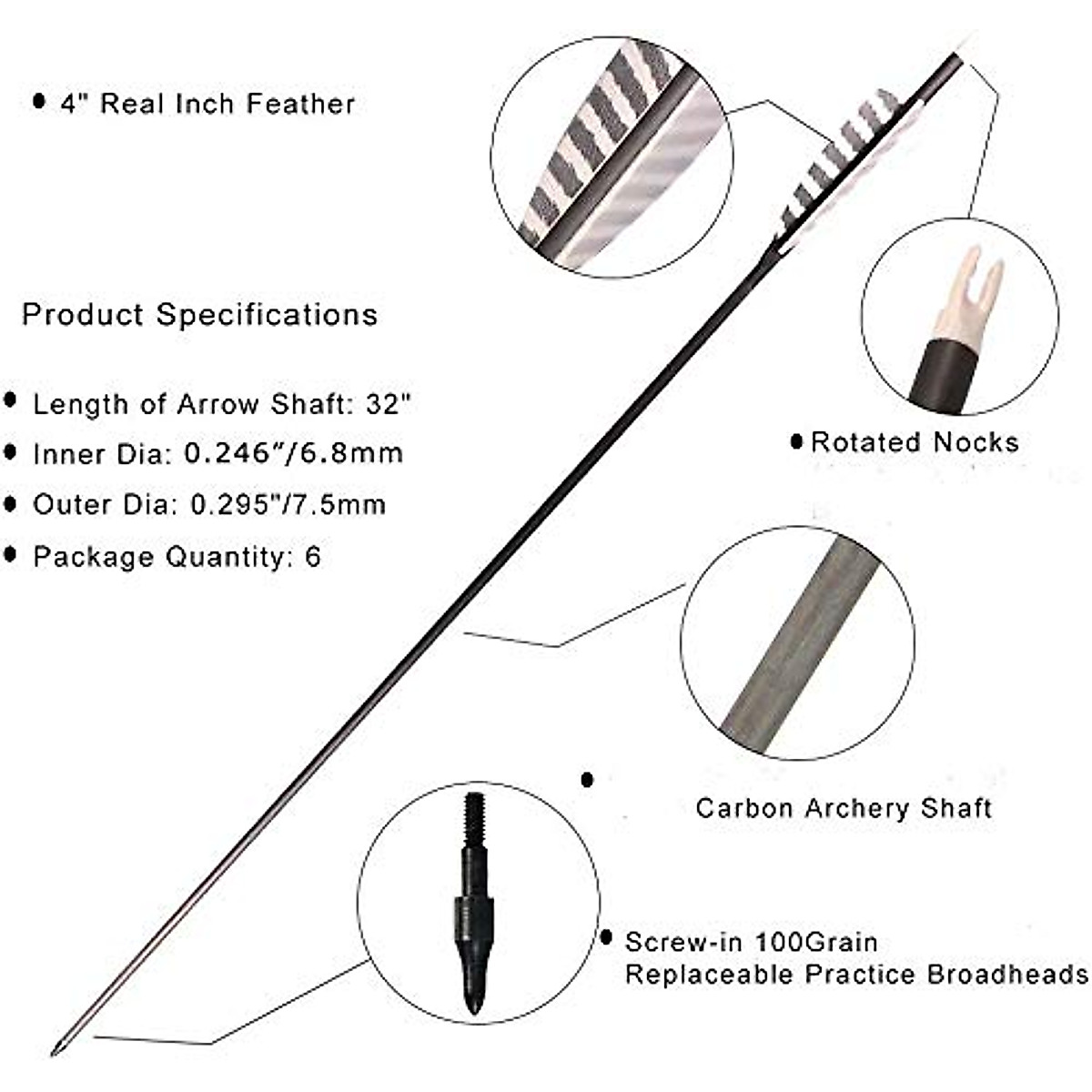 Huntingdoor 31 Inch Hunting Carbon Arrows, Replaceable Points Tips Arrows with 4 Inch Real Feather Fletching,400 Spine Targeting Arrows for Recurve Bow Longbow Practice White (Pack of 6)