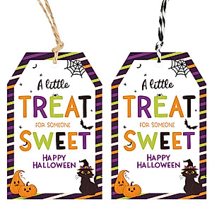 Anwyll Happy Halloween Tags,100Pcs Halloween Paper Gift Tags with String,Halloween Pumpkin Cat Bat Spider Gift Tags,A Little Treat for Someone Sweet Hanging Tags for Gift Candy Treat Bag Party Favors