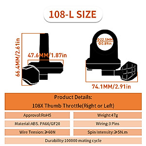 E-Bike 108X Left Thumb Throttle Speed Control 3 Pin Waterproof Connector 12V 24V 36V 48V 72V for Electric Scooters and EBike (108X-L Waterproof Plug)