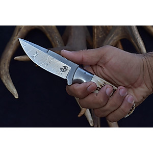 Knives Ranch Handmade All-Rounder Damascus Steel 7-1/2" Knife with Red Stag Antler Handle and Heavy-Duty Cow Leather Horizontal Carrying Cowboy Style Sheath (2142-SG)