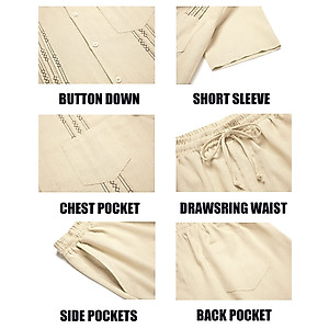 COOFANDY Guayabera Linen Suit for Men Mexican Style Beach Vacation Outfits Sets