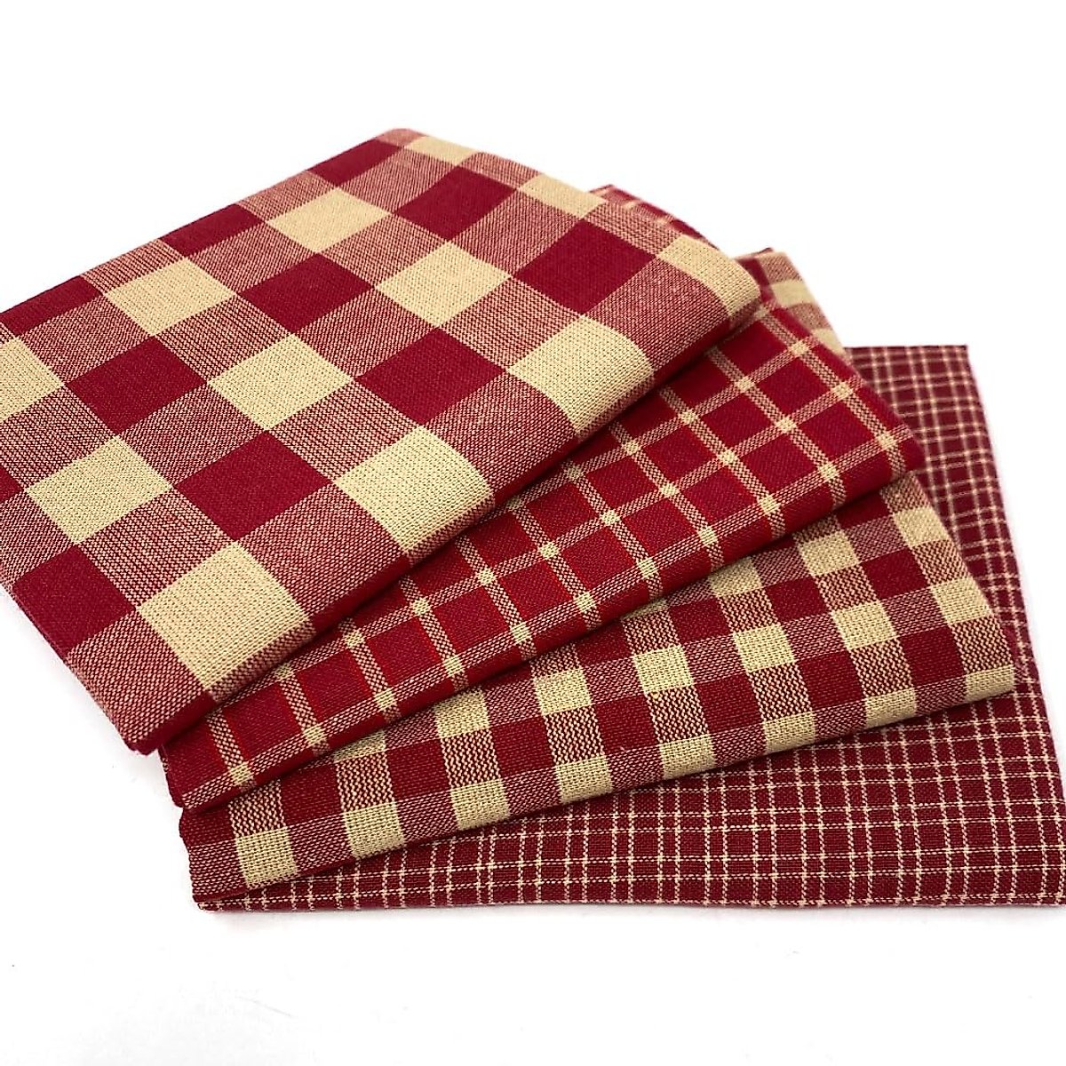 Set of 4 Fat Quarters, Primitive Red Assorted Plaid Gingham Homespun Cotton Fabric Bundle by JCS