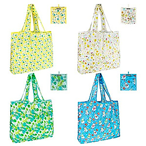 Feveqher 4 pack Reusable Grocery Bags, Large Capacity with 50LB, Lightweight Foldable Bags with Stylish and Cute Pattern in Ripstop Fabric