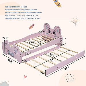 Merax Children Cat-Shaped Platform Bed with Trundle, Wooden Bedframe, No Box Spring Needed, Twin Size, Pink